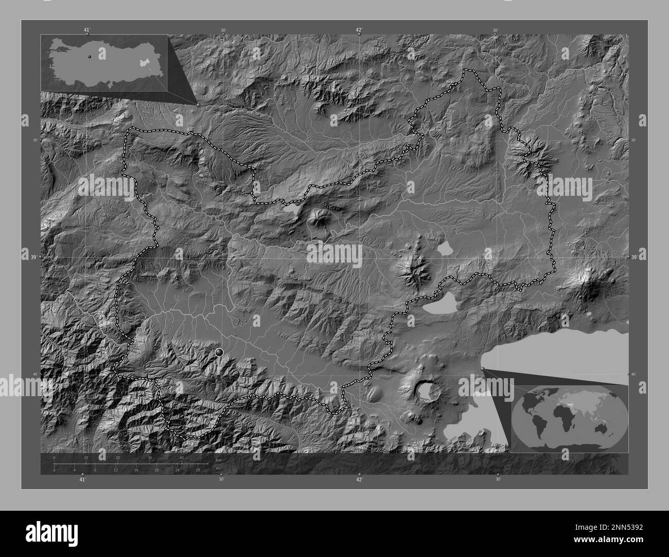 Mus, province of Turkiye. Bilevel elevation map with lakes and rivers ...