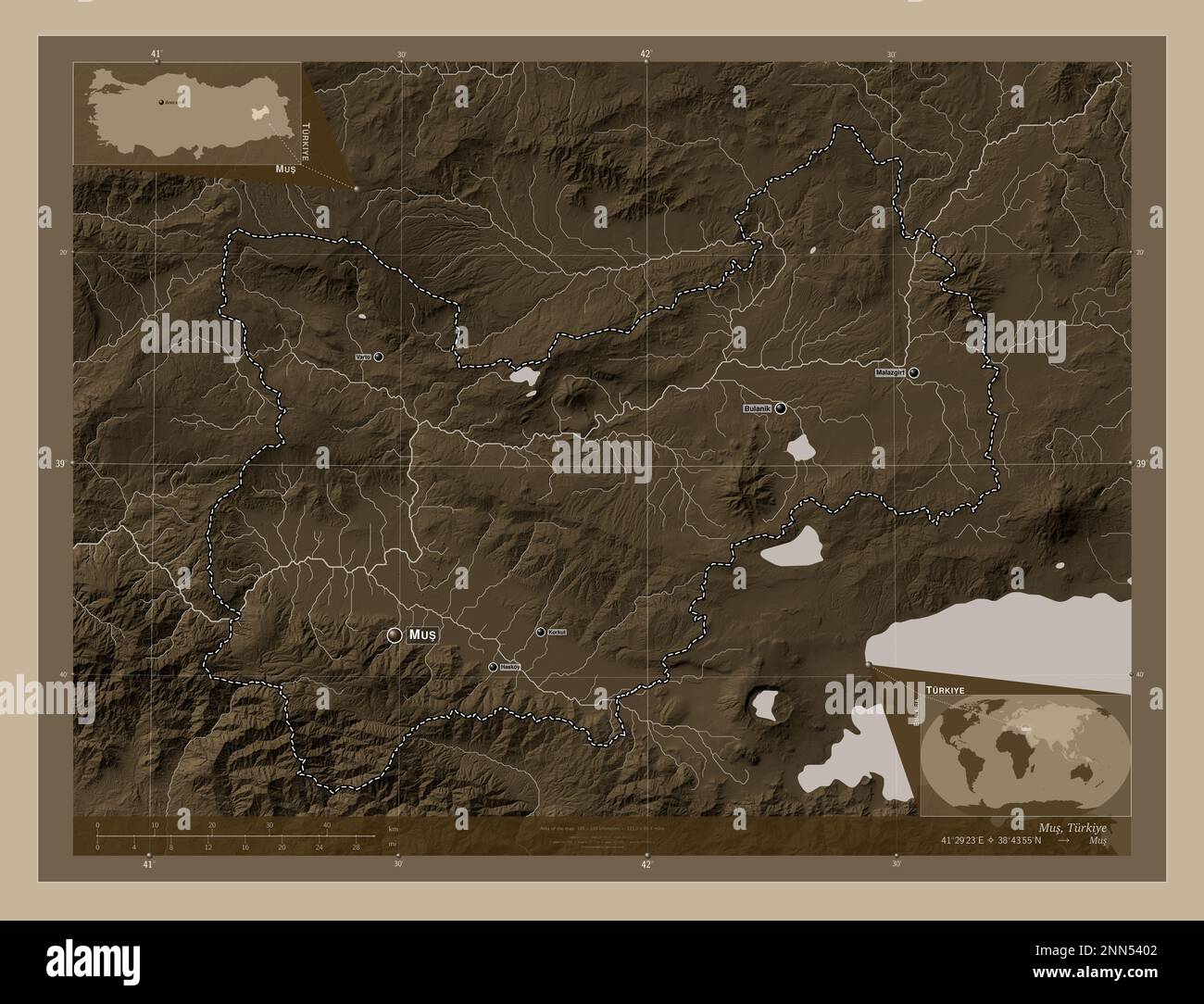 Mus, province of Turkiye. Elevation map colored in sepia tones with ...