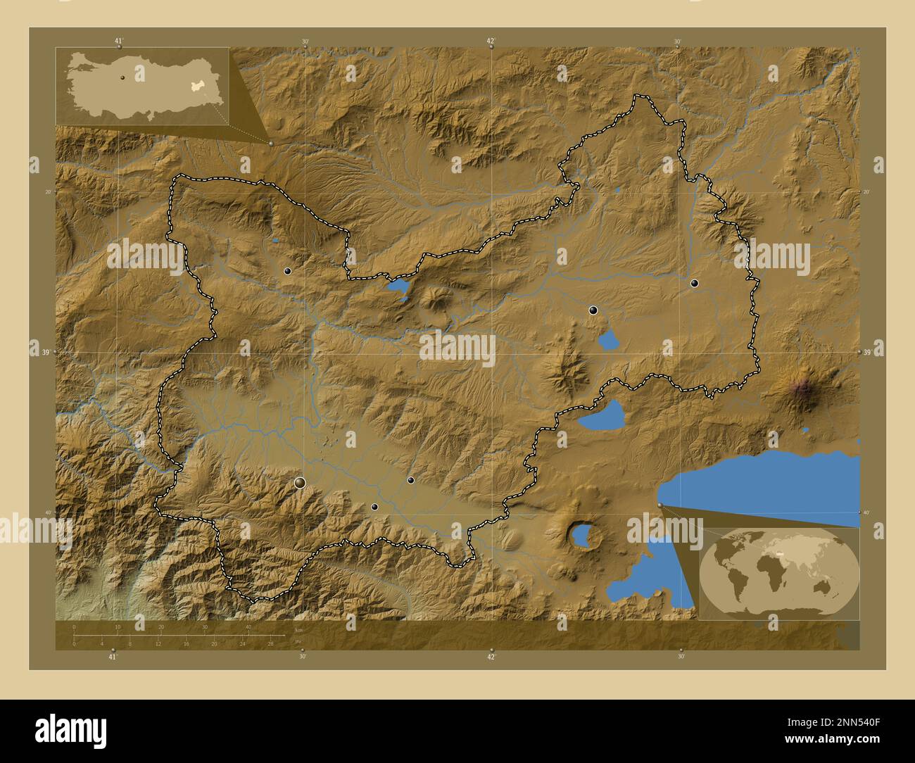 Mus, province of Turkiye. Colored elevation map with lakes and rivers ...