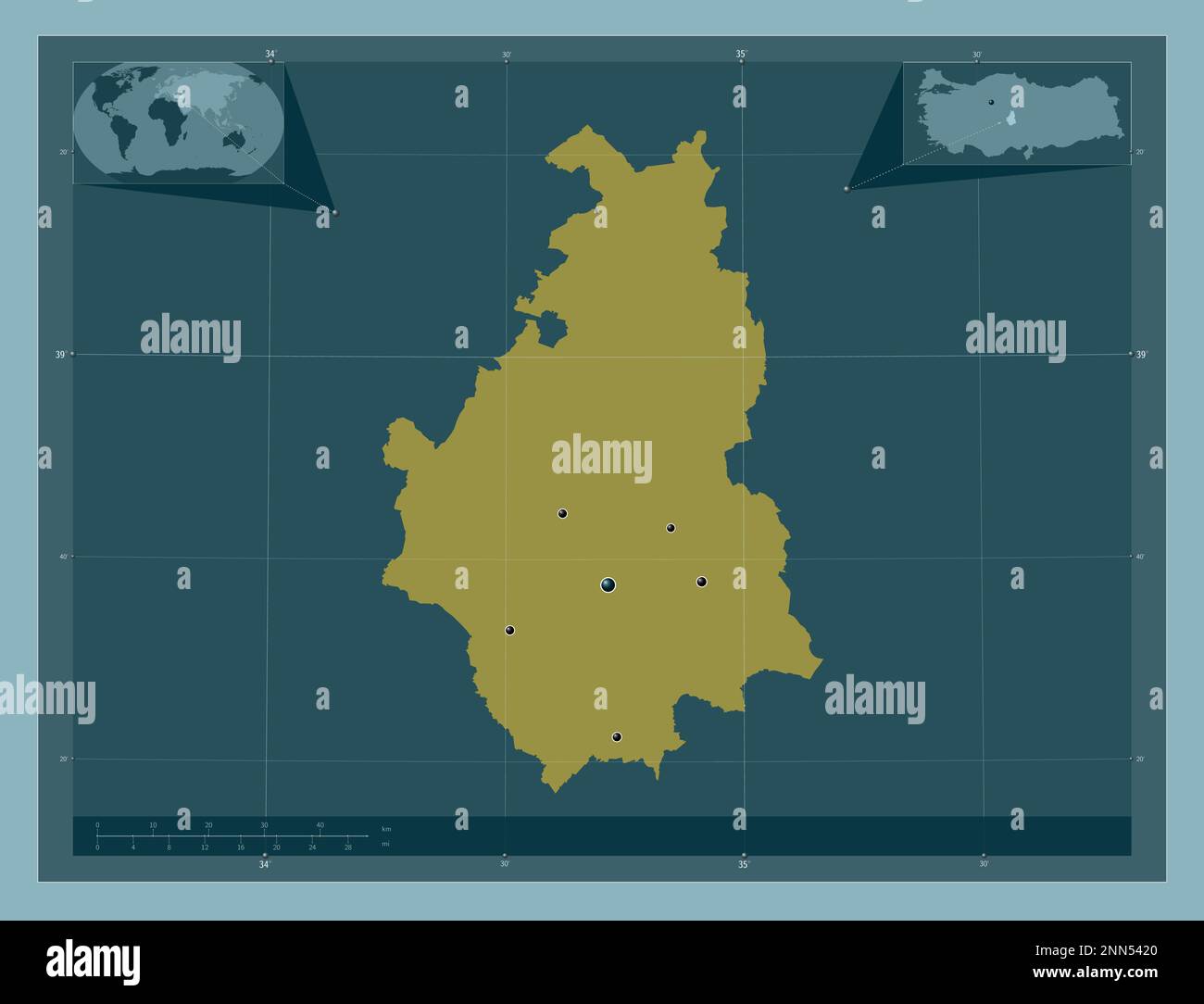 Nevsehir, province of Turkiye. Solid color shape. Locations of major ...