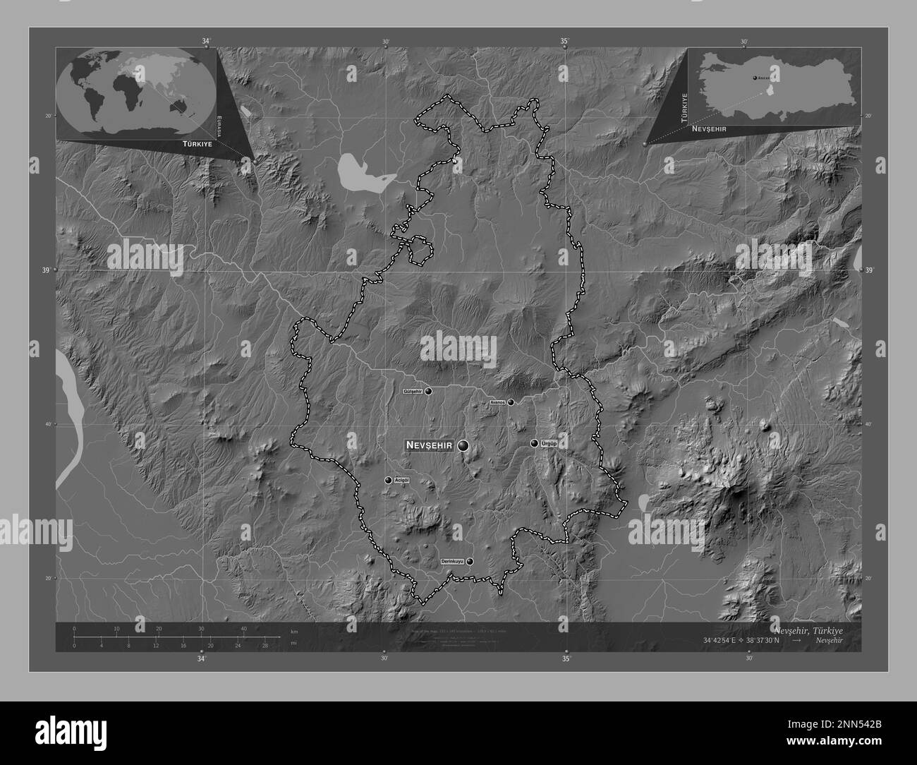 Nevsehir, province of Turkiye. Bilevel elevation map with lakes and ...