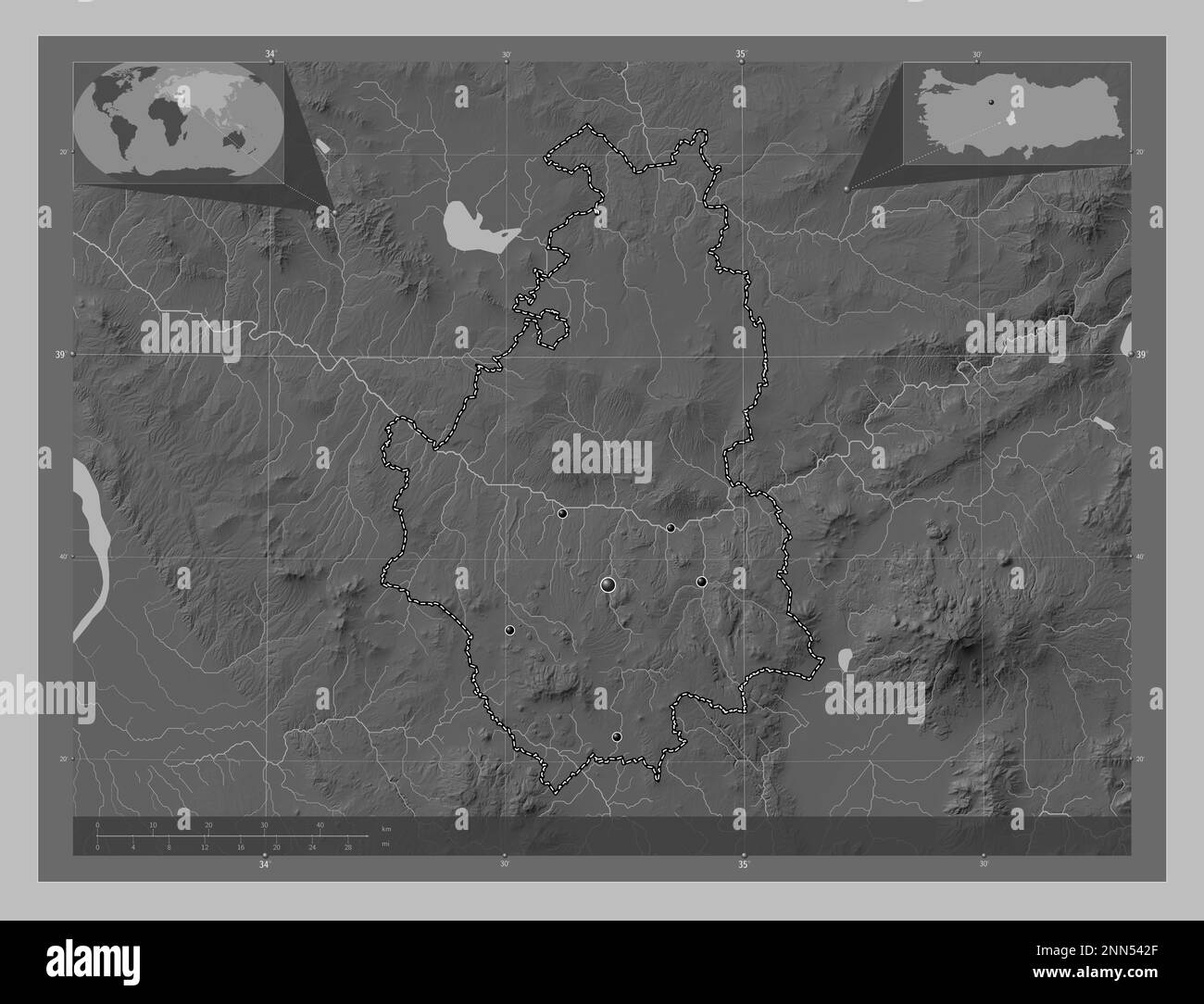 Nevsehir, province of Turkiye. Grayscale elevation map with lakes and ...