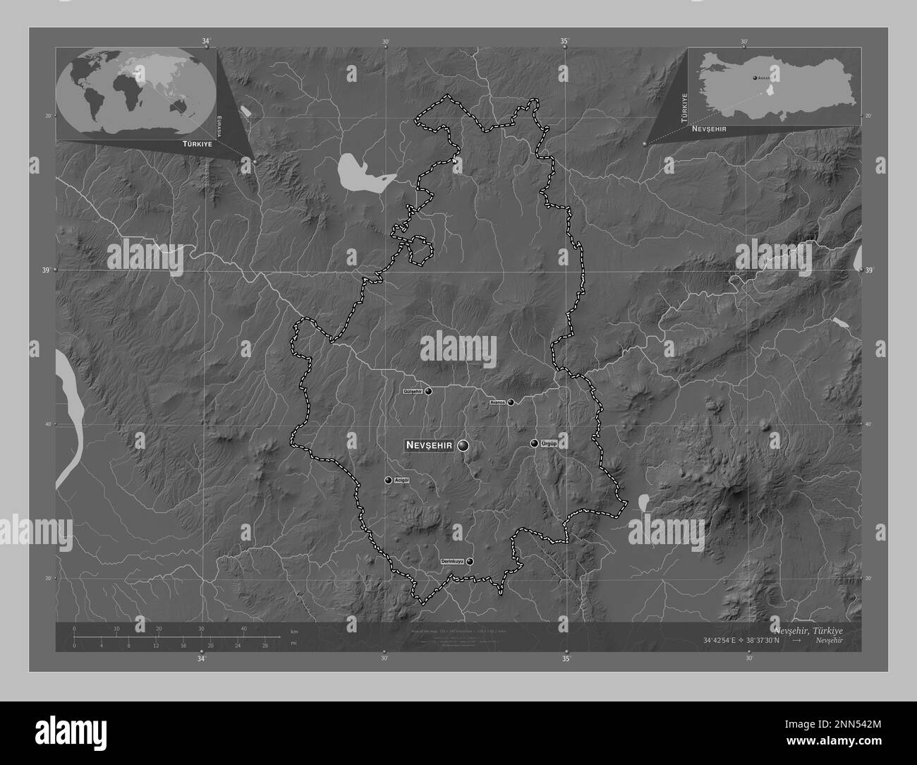 Nevsehir, province of Turkiye. Grayscale elevation map with lakes and ...