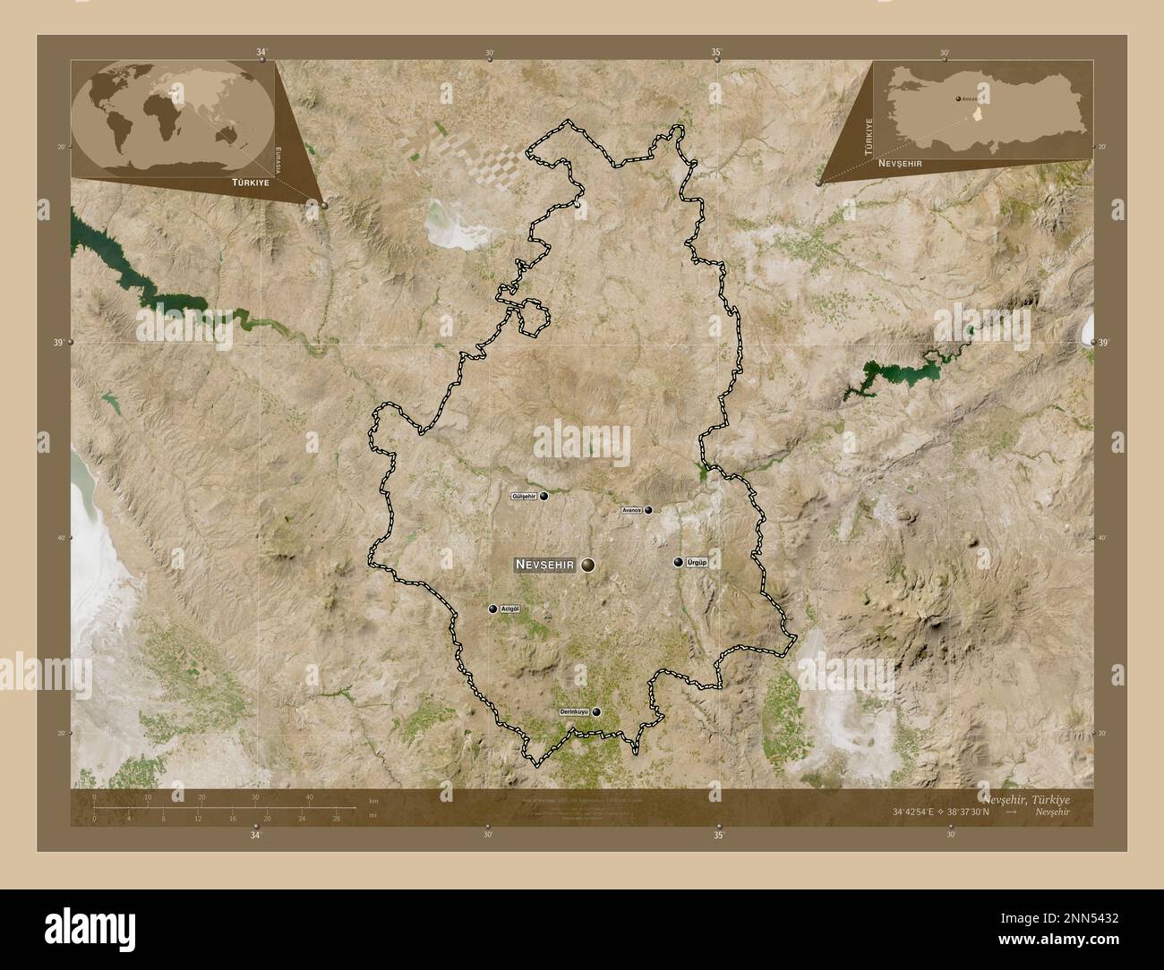 Nevsehir, province of Turkiye. Low resolution satellite map. Locations ...