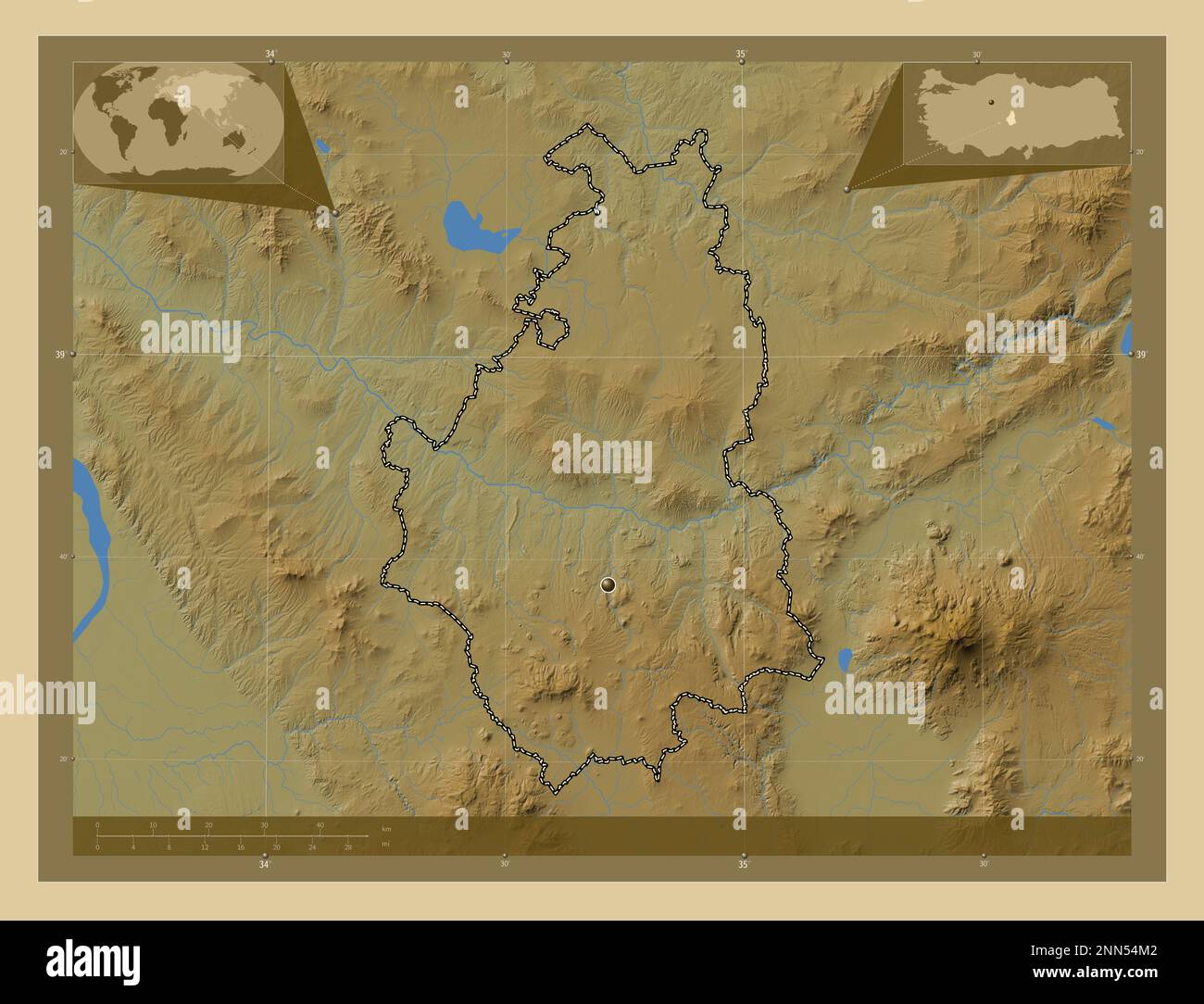 Nevsehir, province of Turkiye. Colored elevation map with lakes and ...