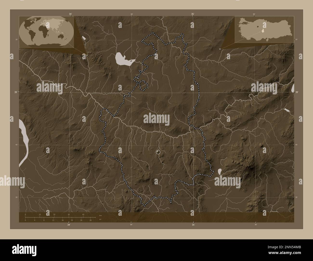Nevsehir, province of Turkiye. Elevation map colored in sepia tones ...