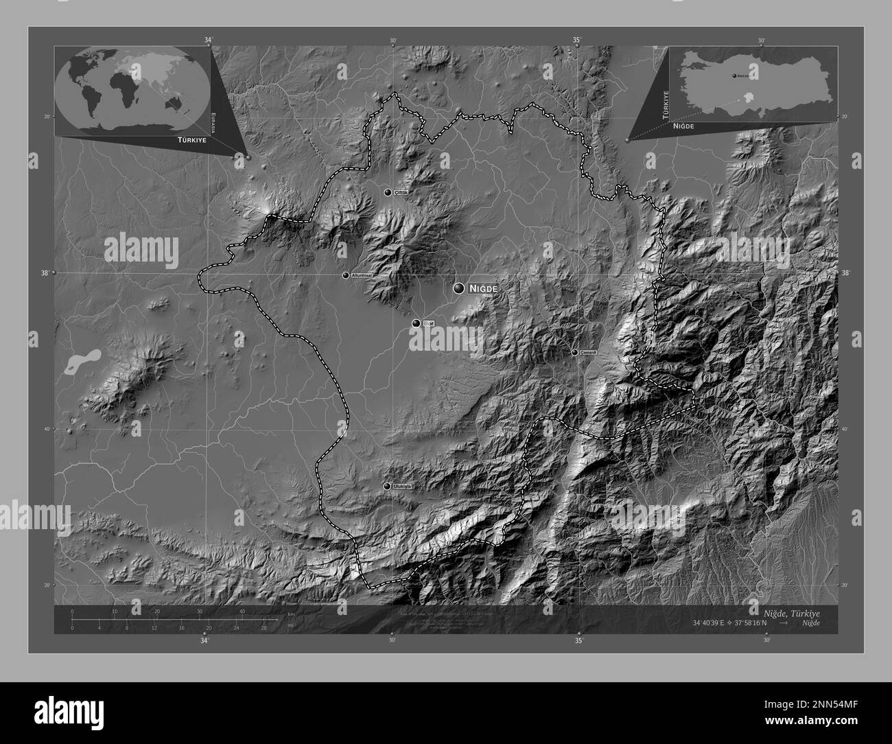 Nigde, province of Turkiye. Bilevel elevation map with lakes and rivers ...