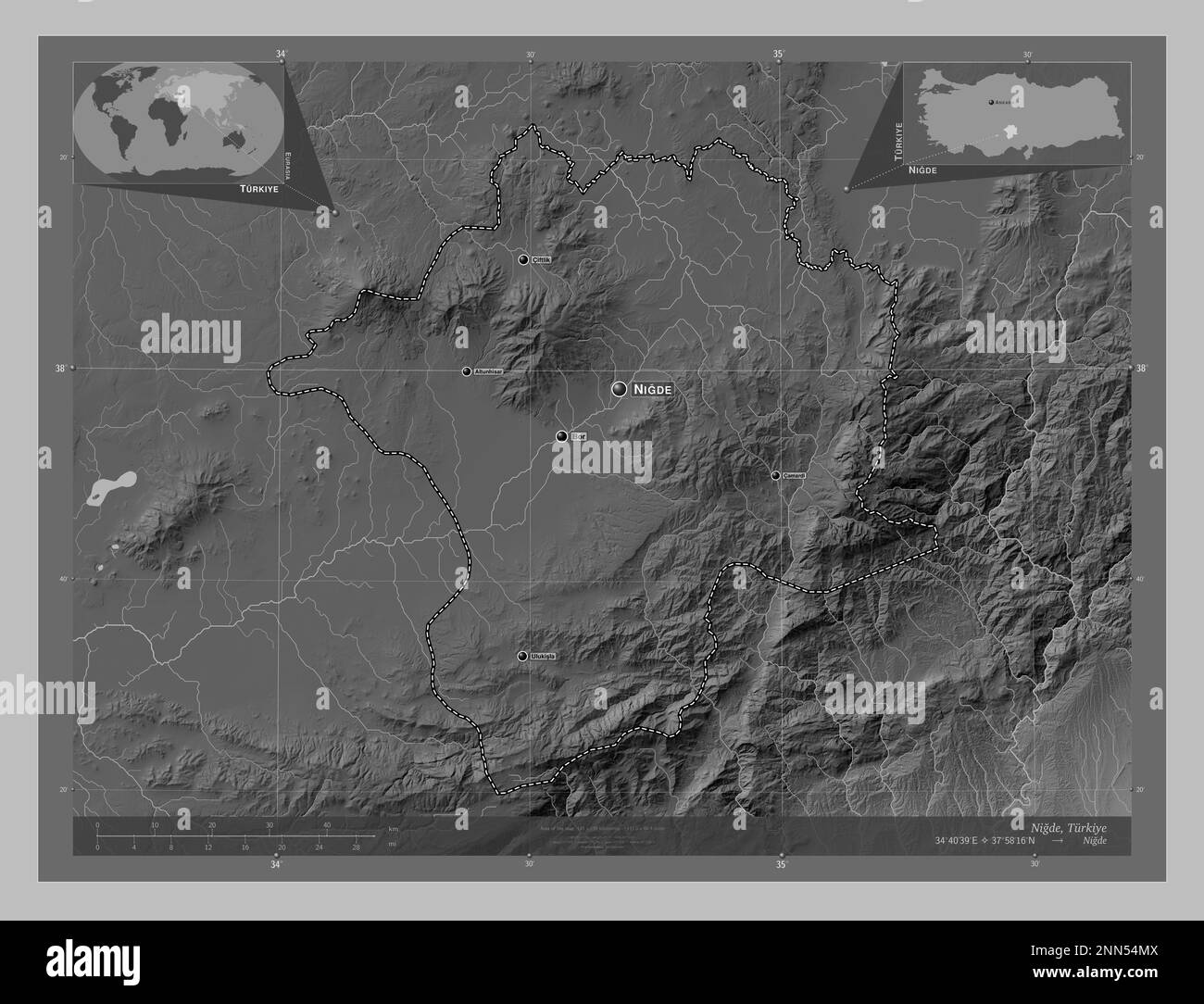 Nigde, province of Turkiye. Grayscale elevation map with lakes and ...