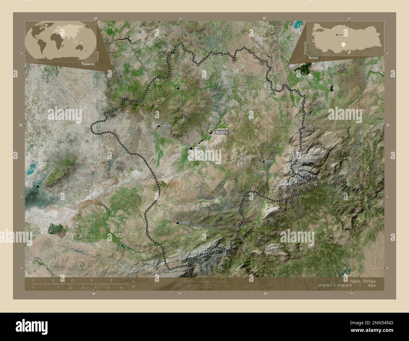 Nigde, province of Turkiye. High resolution satellite map. Locations ...
