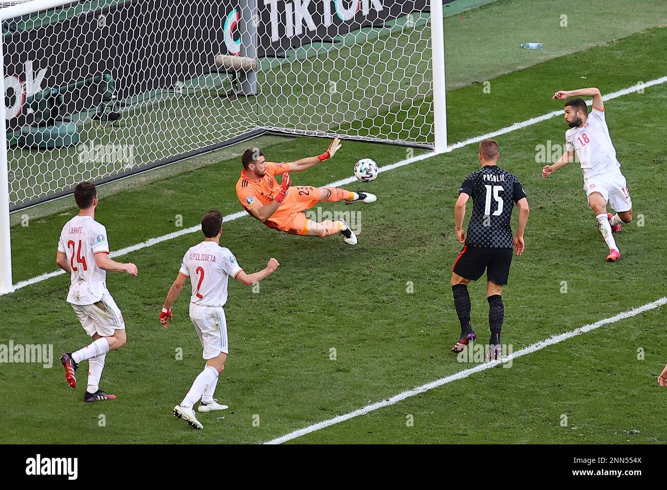 Spain's goalkeeper Unai Simon stop the ball during the Euro 2020 soccer ...