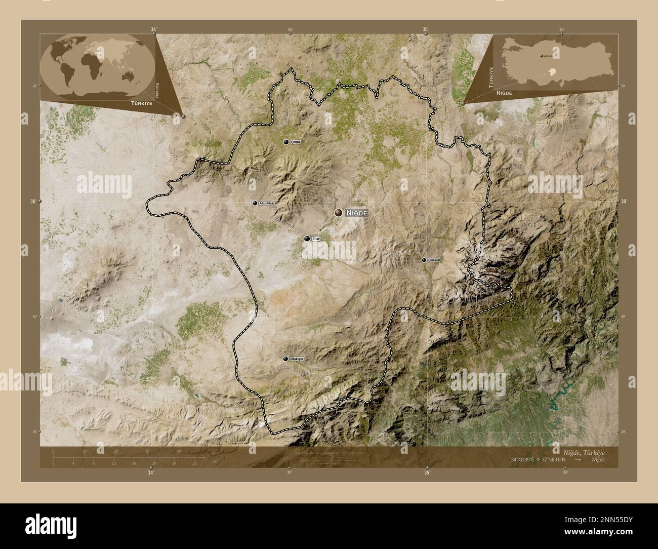 Nigde, province of Turkiye. Low resolution satellite map. Locations and ...