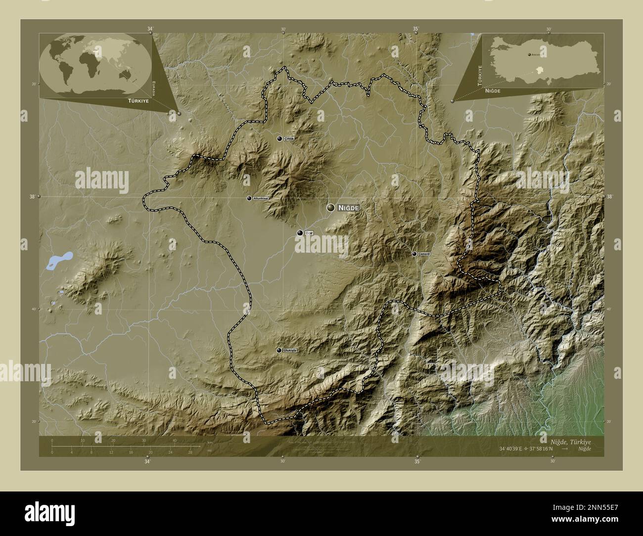 Nigde, province of Turkiye. Elevation map colored in wiki style with ...