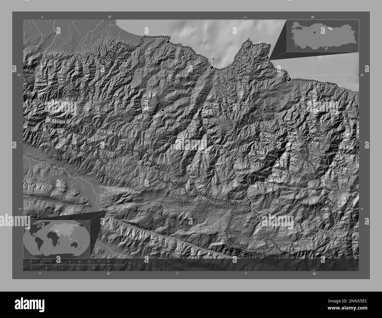 Ordu, province of Turkiye. Bilevel elevation map with lakes and rivers ...