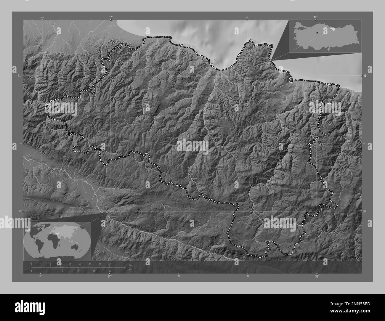 Ordu, province of Turkiye. Grayscale elevation map with lakes and ...