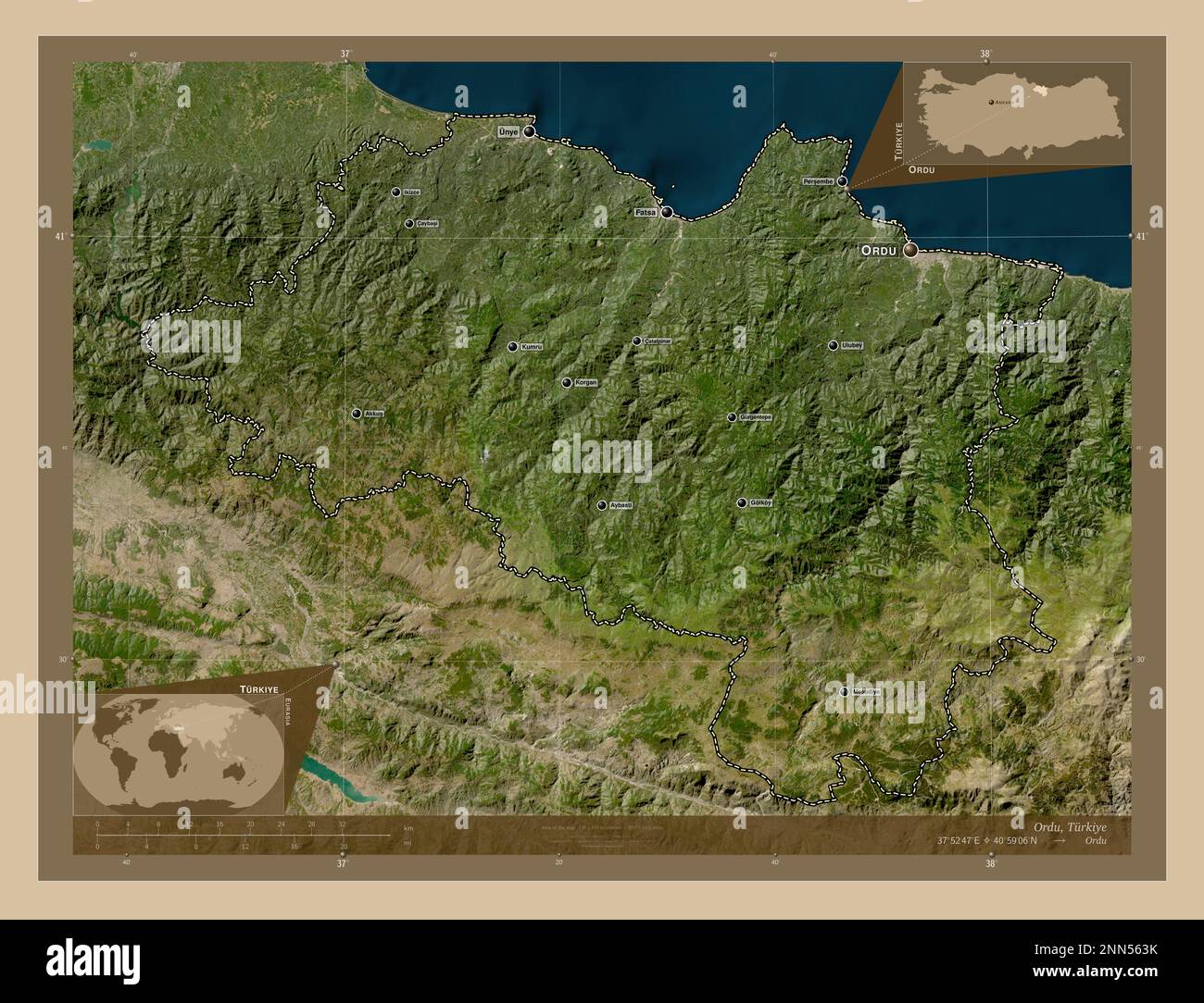 Ordu, province of Turkiye. Low resolution satellite map. Locations and ...