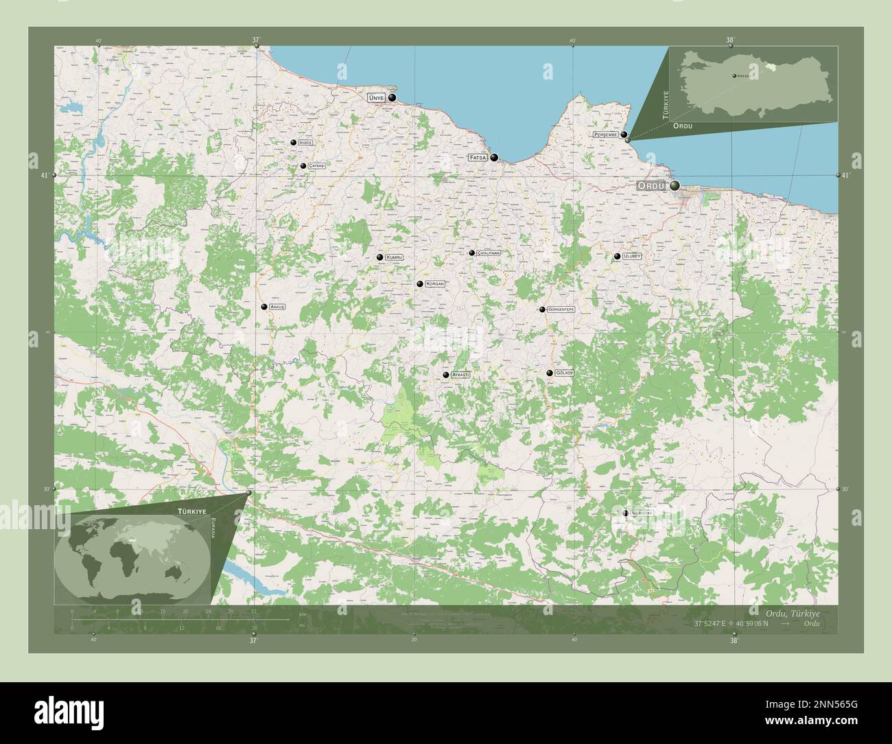 Ordu, province of Turkiye. Open Street Map. Locations and names of ...