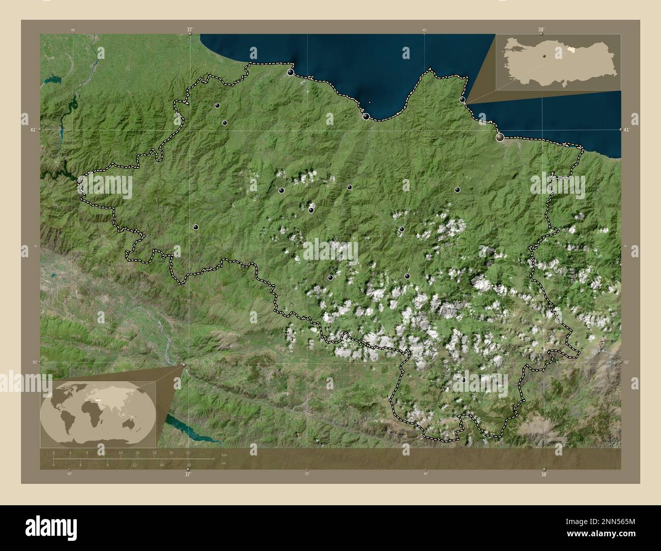 Ordu, province of Turkiye. High resolution satellite map. Locations of ...
