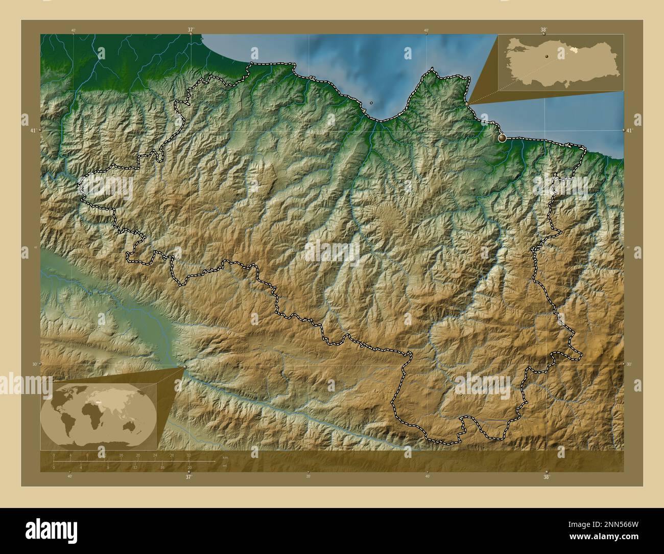Ordu, province of Turkiye. Colored elevation map with lakes and rivers ...