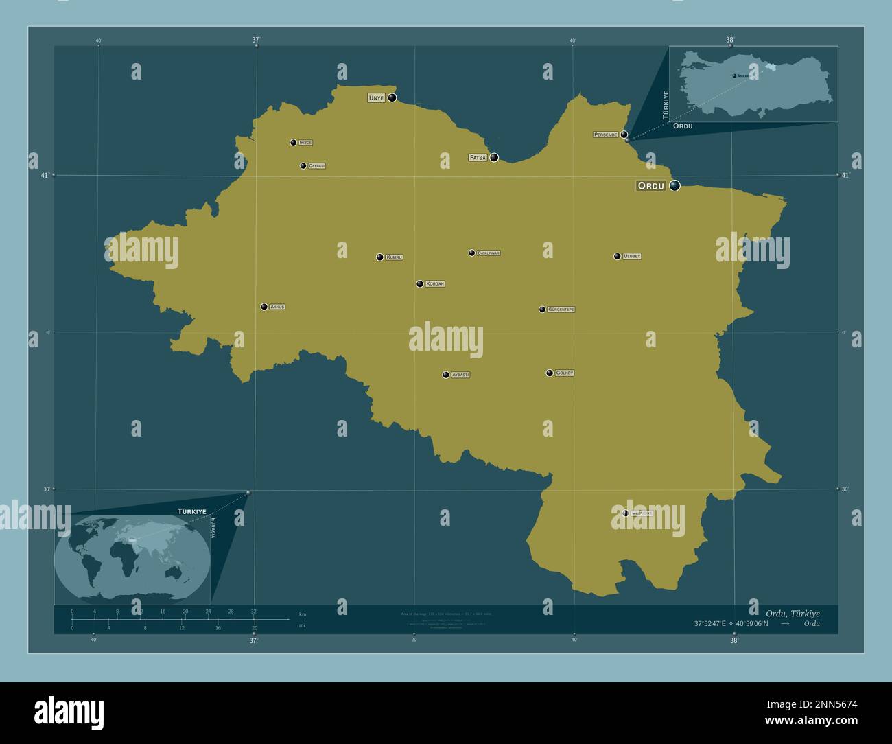Ordu, province of Turkiye. Solid color shape. Locations and names of ...