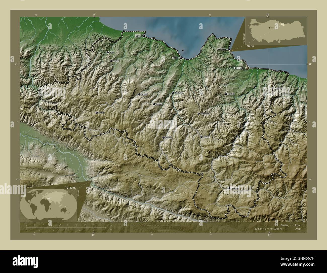 Ordu, province of Turkiye. Elevation map colored in wiki style with ...