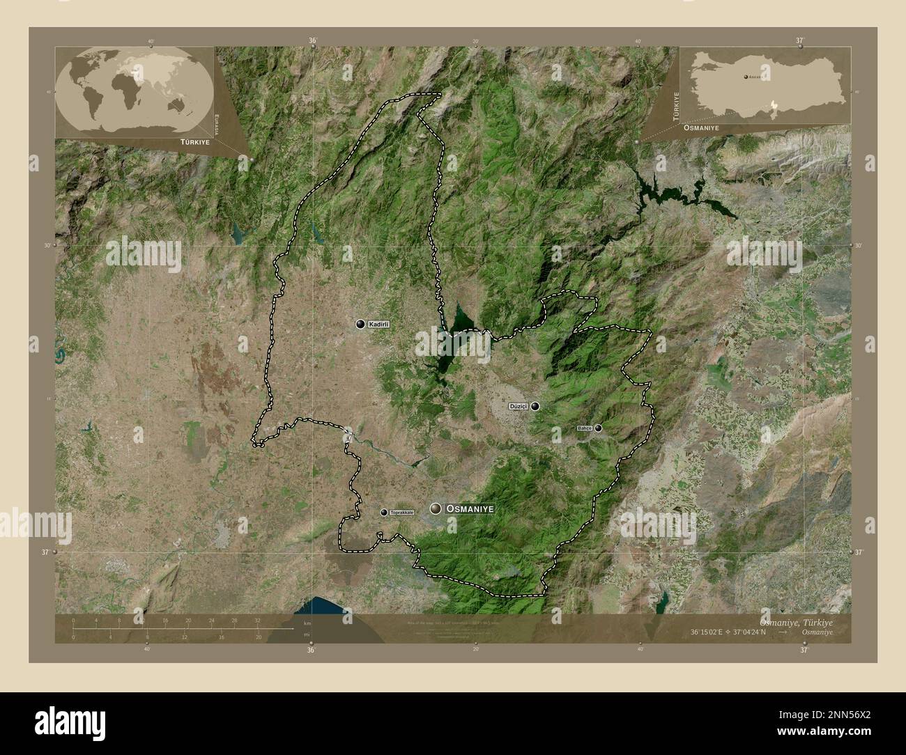 Osmaniye, province of Turkiye. High resolution satellite map. Locations ...