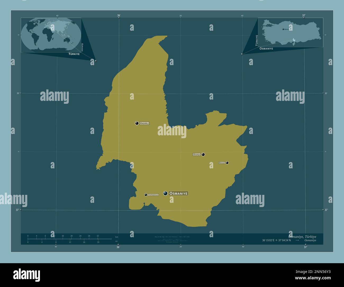 Osmaniye, province of Turkiye. Solid color shape. Locations and names ...