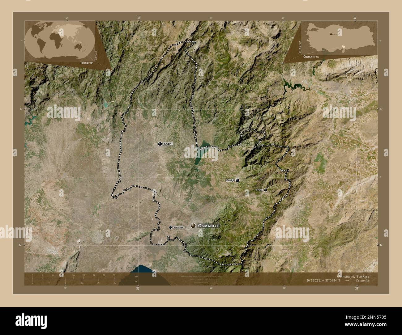 Osmaniye, province of Turkiye. Low resolution satellite map. Locations ...