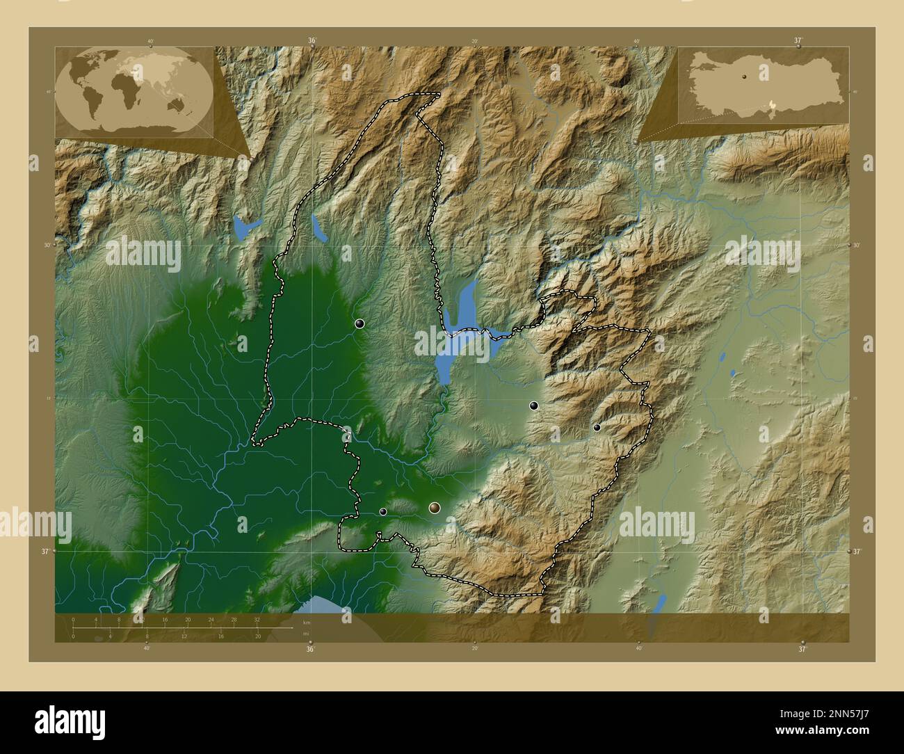 Osmaniye, province of Turkiye. Colored elevation map with lakes and ...