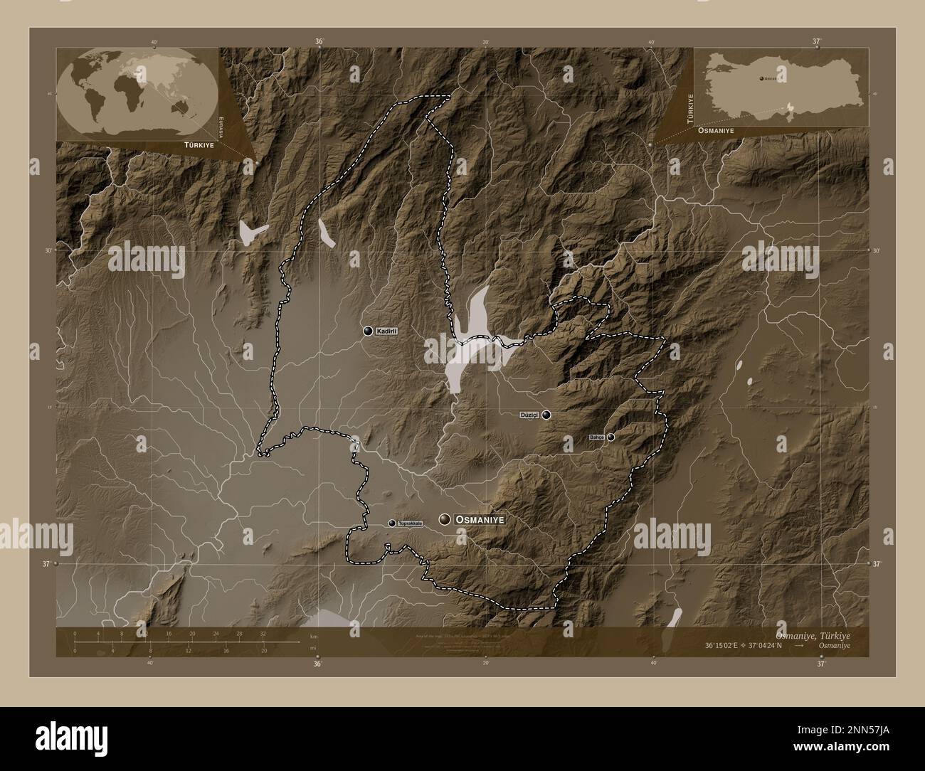 Osmaniye, province of Turkiye. Elevation map colored in sepia tones ...