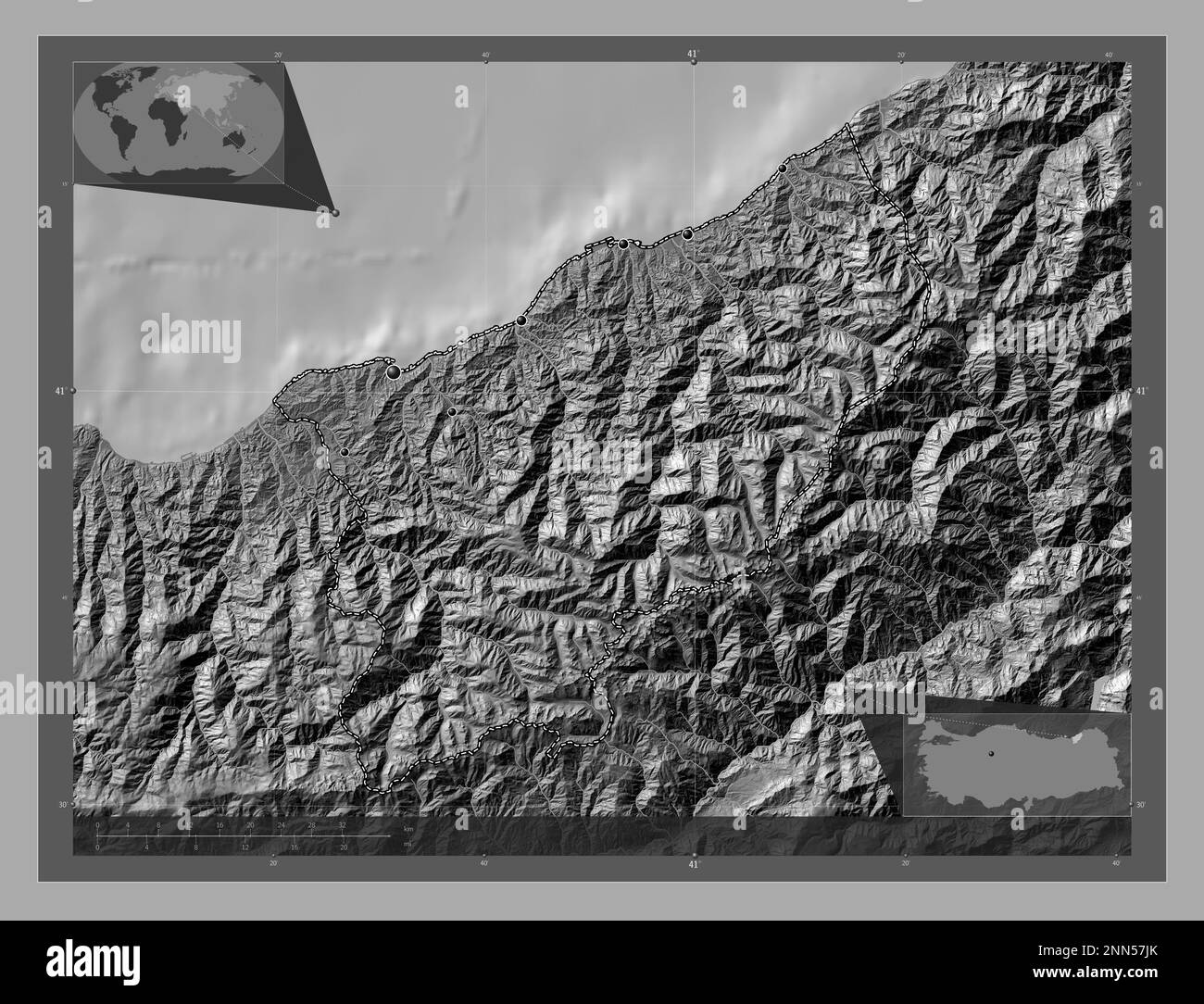 Rize, province of Turkiye. Bilevel elevation map with lakes and rivers ...