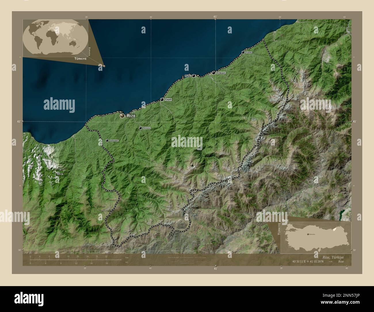 Rize, province of Turkiye. High resolution satellite map. Locations and ...