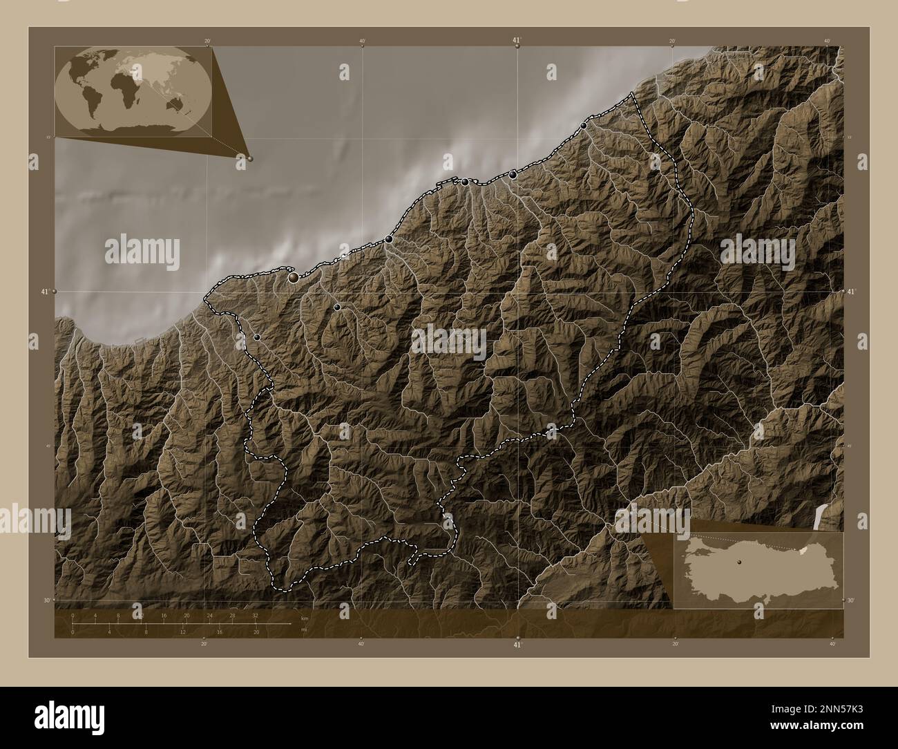 Rize, province of Turkiye. Elevation map colored in sepia tones with ...