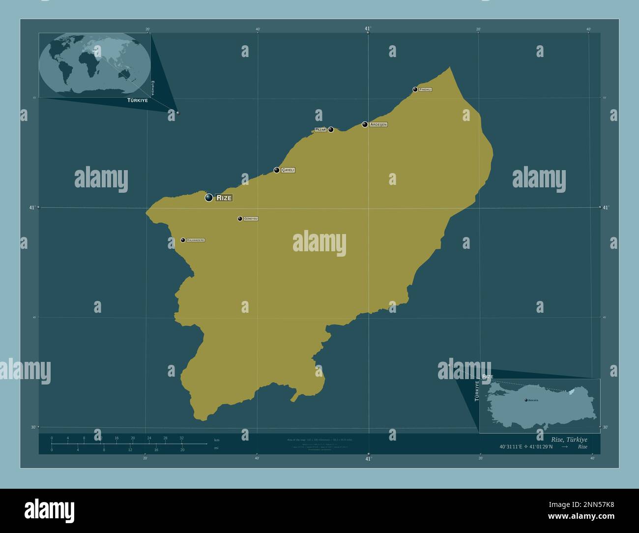 Rize, province of Turkiye. Solid color shape. Locations and names of ...