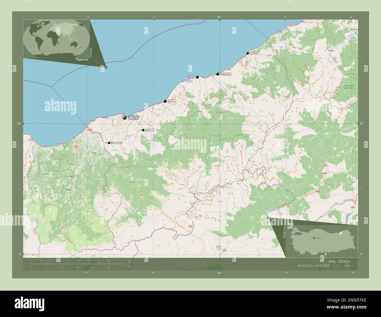 Rize, province of Turkiye. Open Street Map. Locations and names of ...