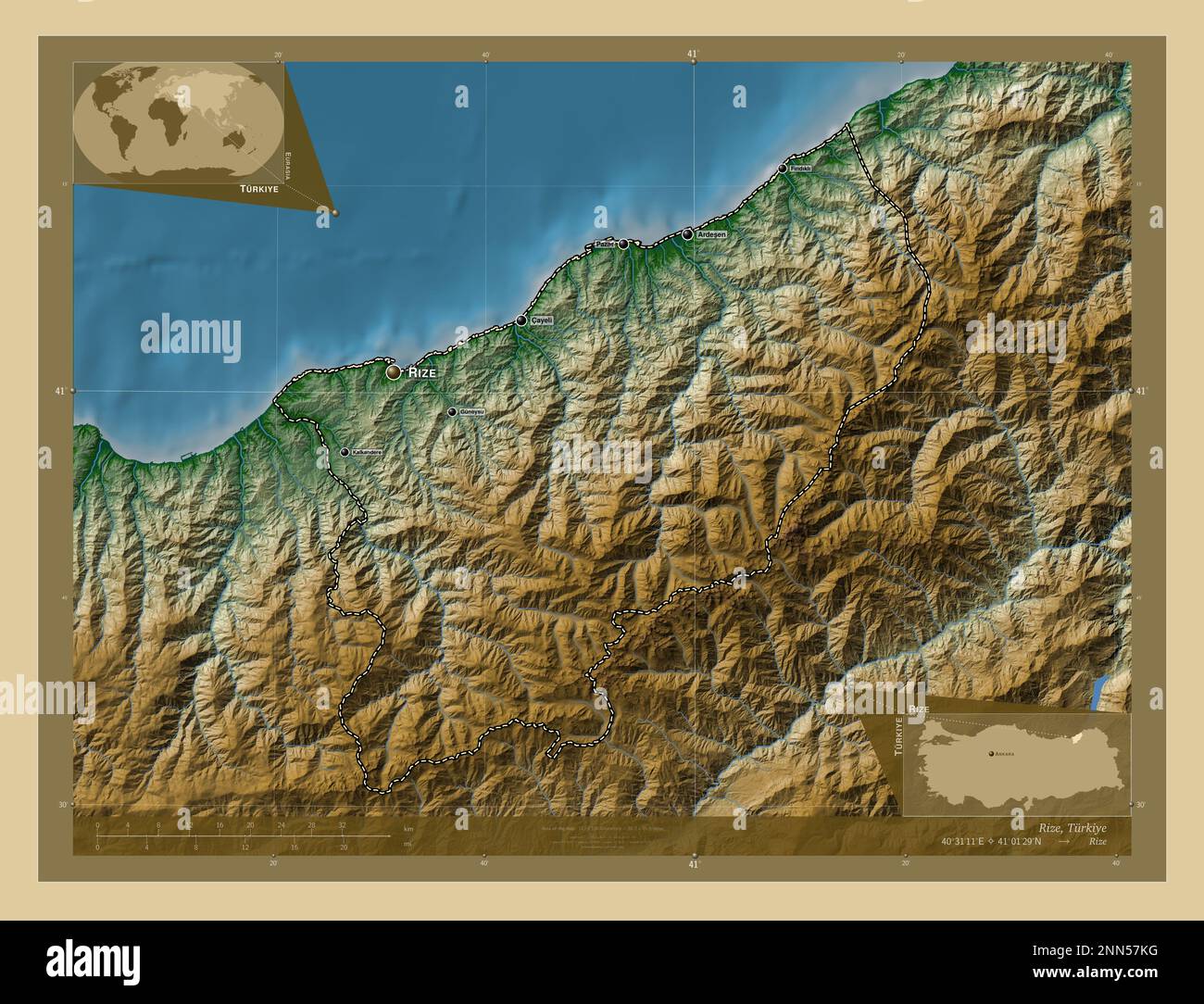Rize, province of Turkiye. Colored elevation map with lakes and rivers. Locations and names of ...