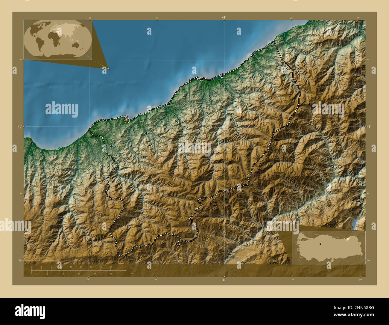 Rize, province of Turkiye. Colored elevation map with lakes and rivers ...
