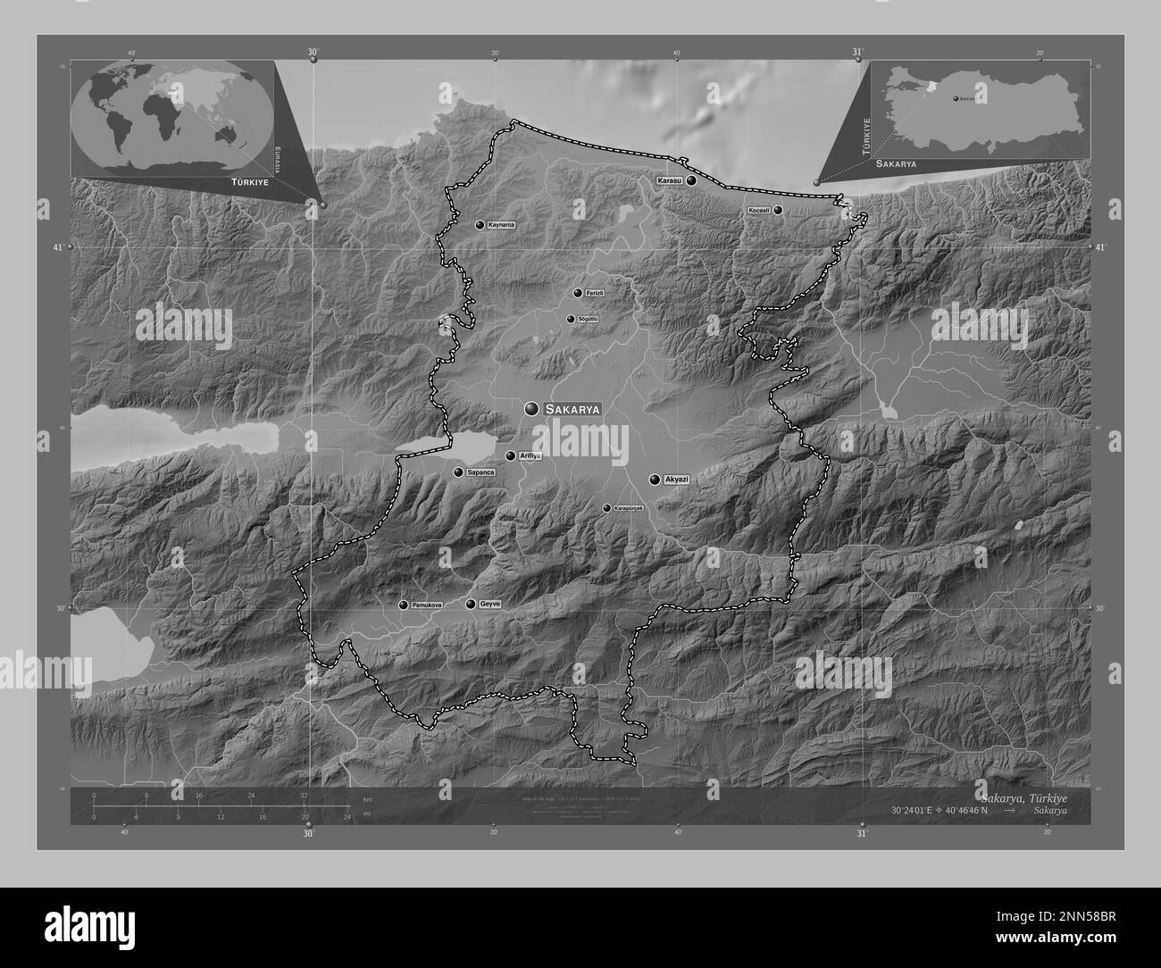 Sakarya, province of Turkiye. Grayscale elevation map with lakes and ...