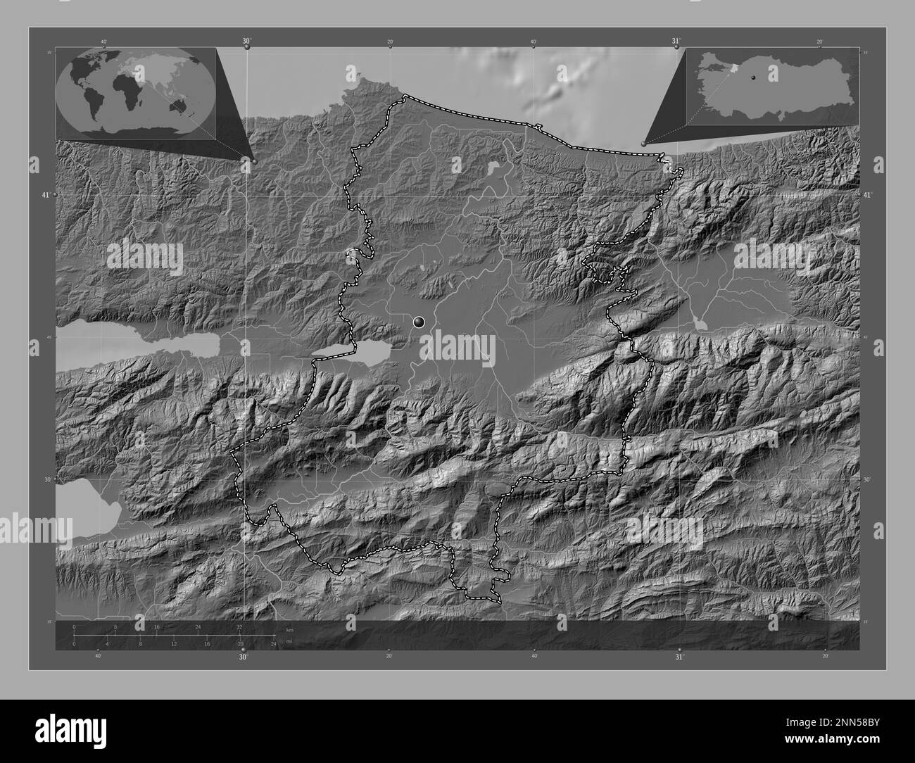 Sakarya, province of Turkiye. Bilevel elevation map with lakes and ...