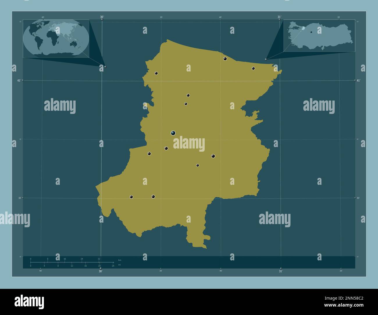 Sakarya, province of Turkiye. Solid color shape. Locations of major ...