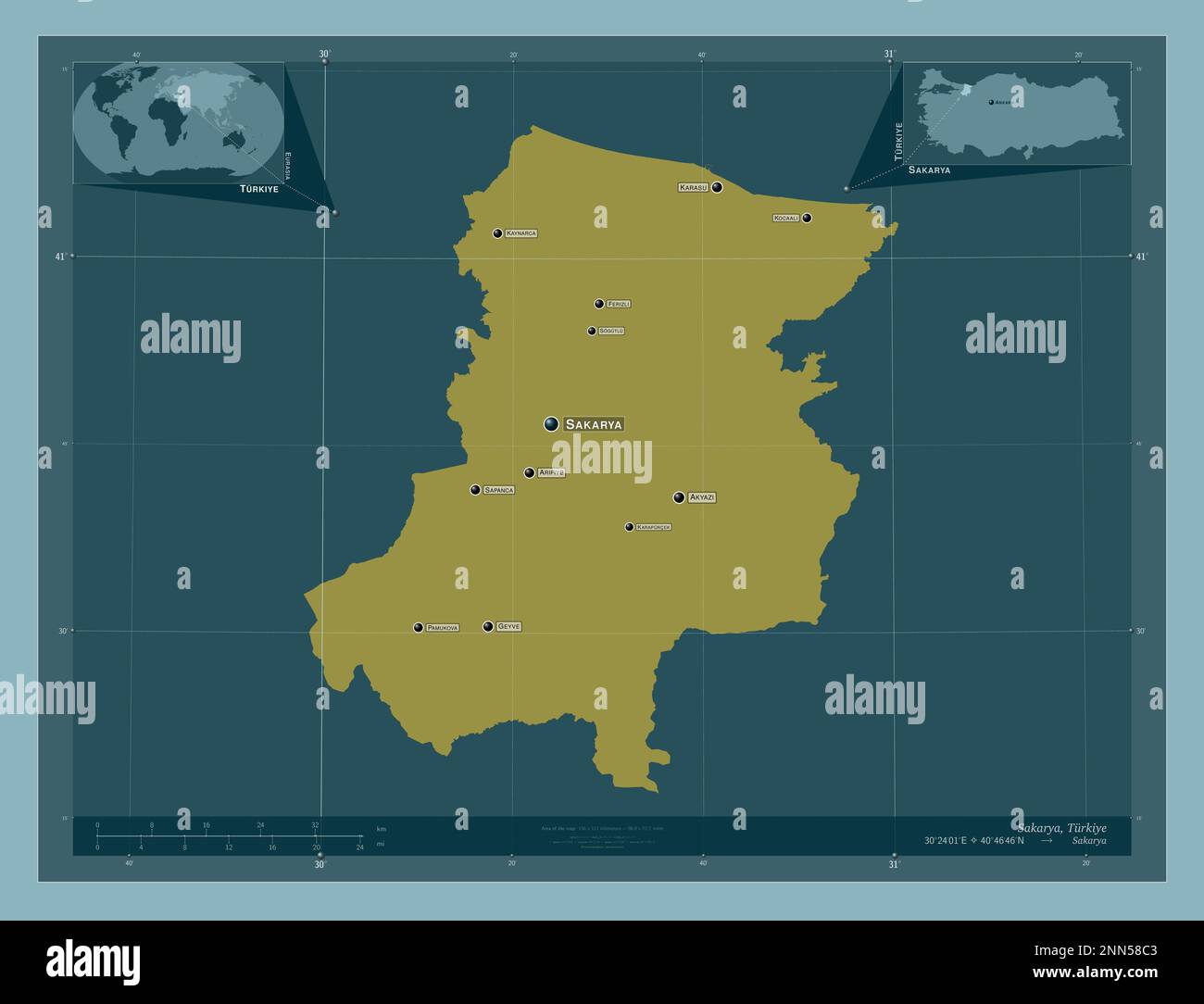 Sakarya, province of Turkiye. Solid color shape. Locations and names of ...