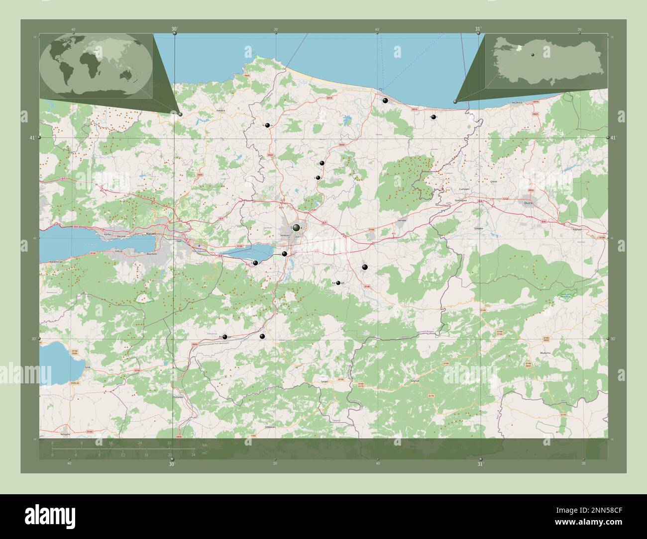 Sakarya, province of Turkiye. Open Street Map. Locations of major ...