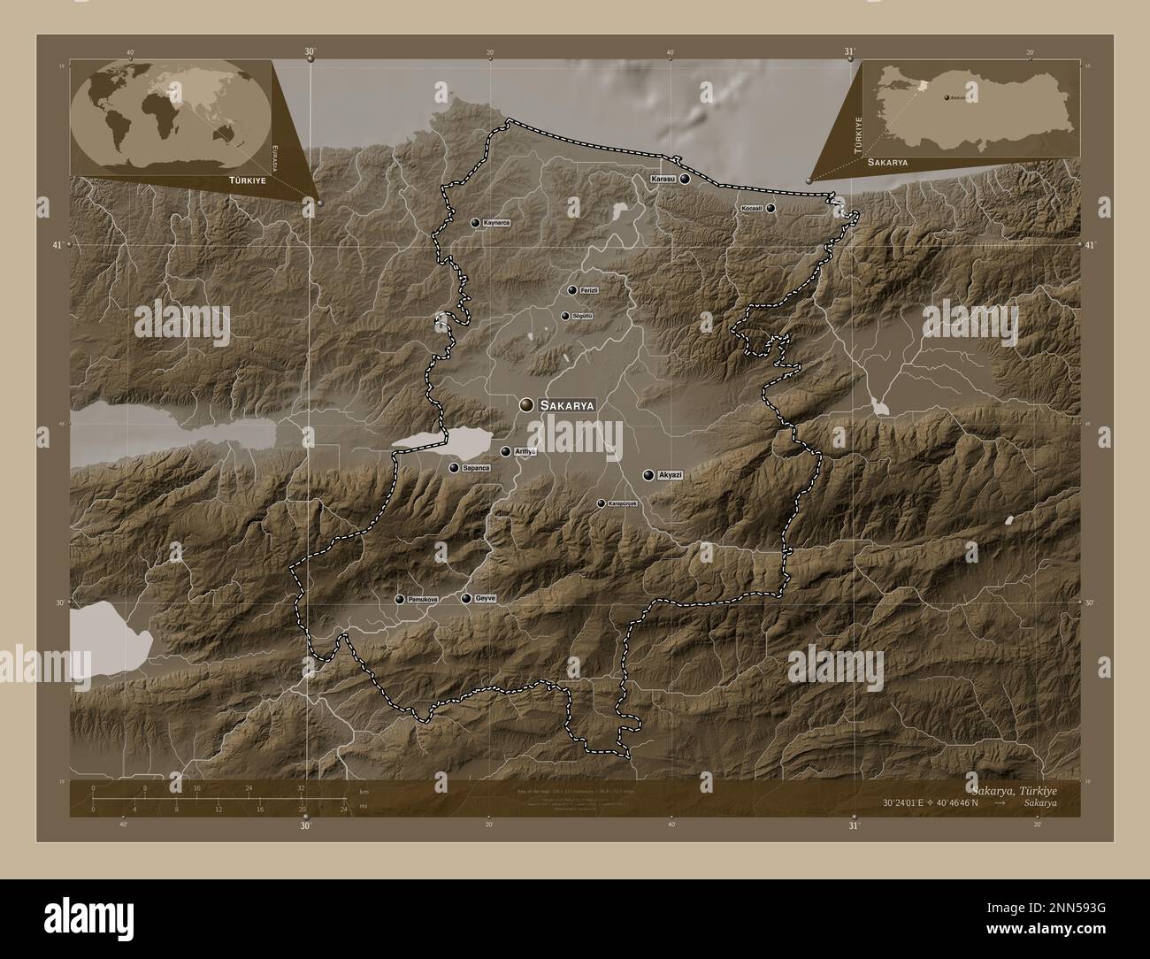 Sakarya, province of Turkiye. Elevation map colored in sepia tones with ...