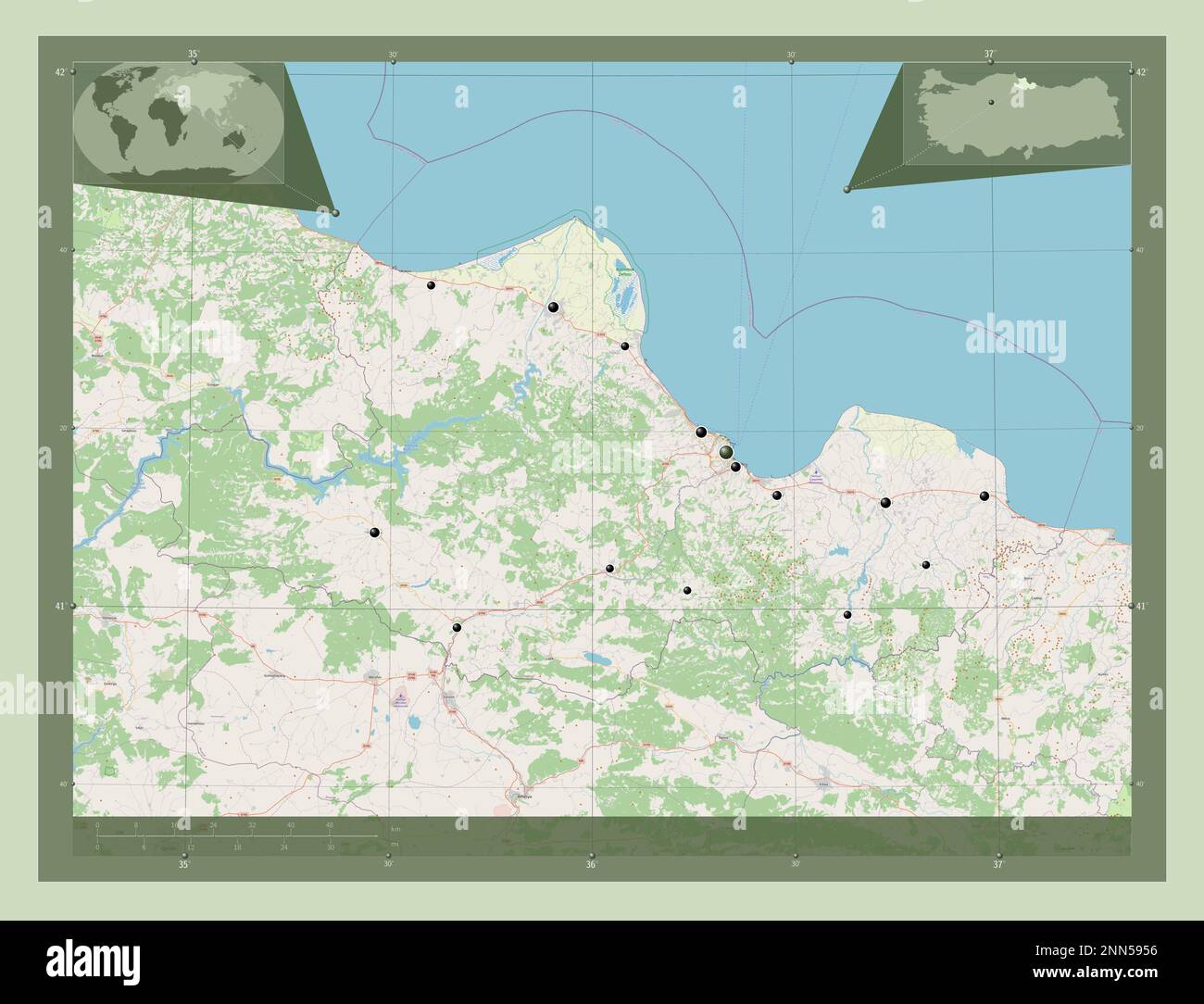 Samsun, province of Turkiye. Open Street Map. Locations of major cities ...