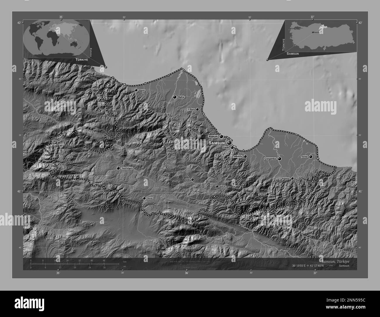 Samsun, province of Turkiye. Bilevel elevation map with lakes and ...