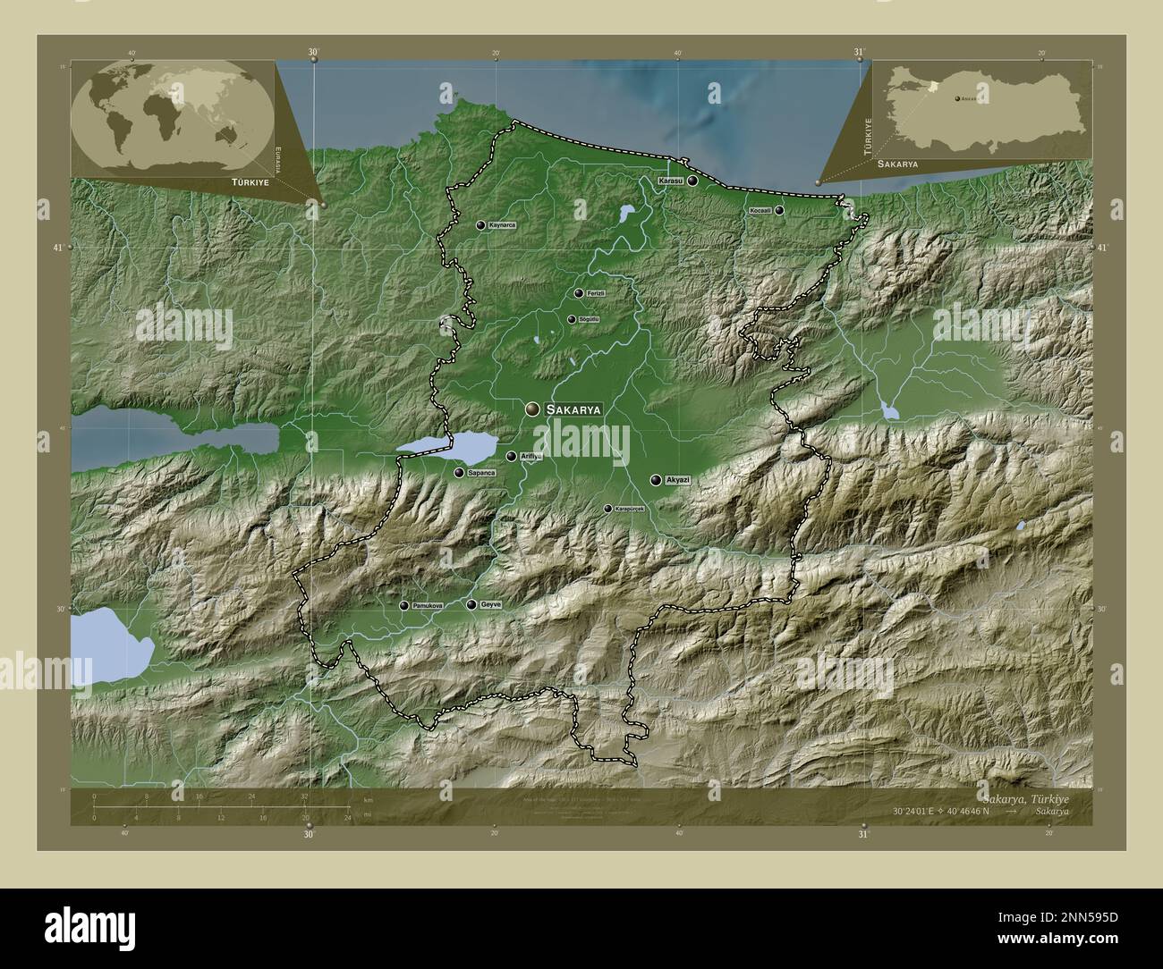 Sakarya, province of Turkiye. Elevation map colored in wiki style with ...