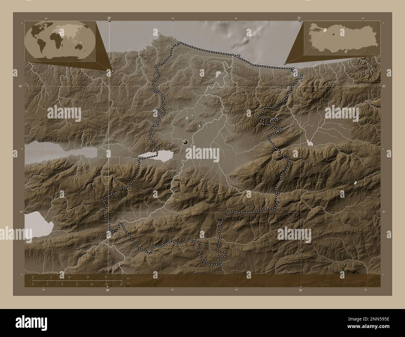 Sakarya, province of Turkiye. Elevation map colored in sepia tones with ...