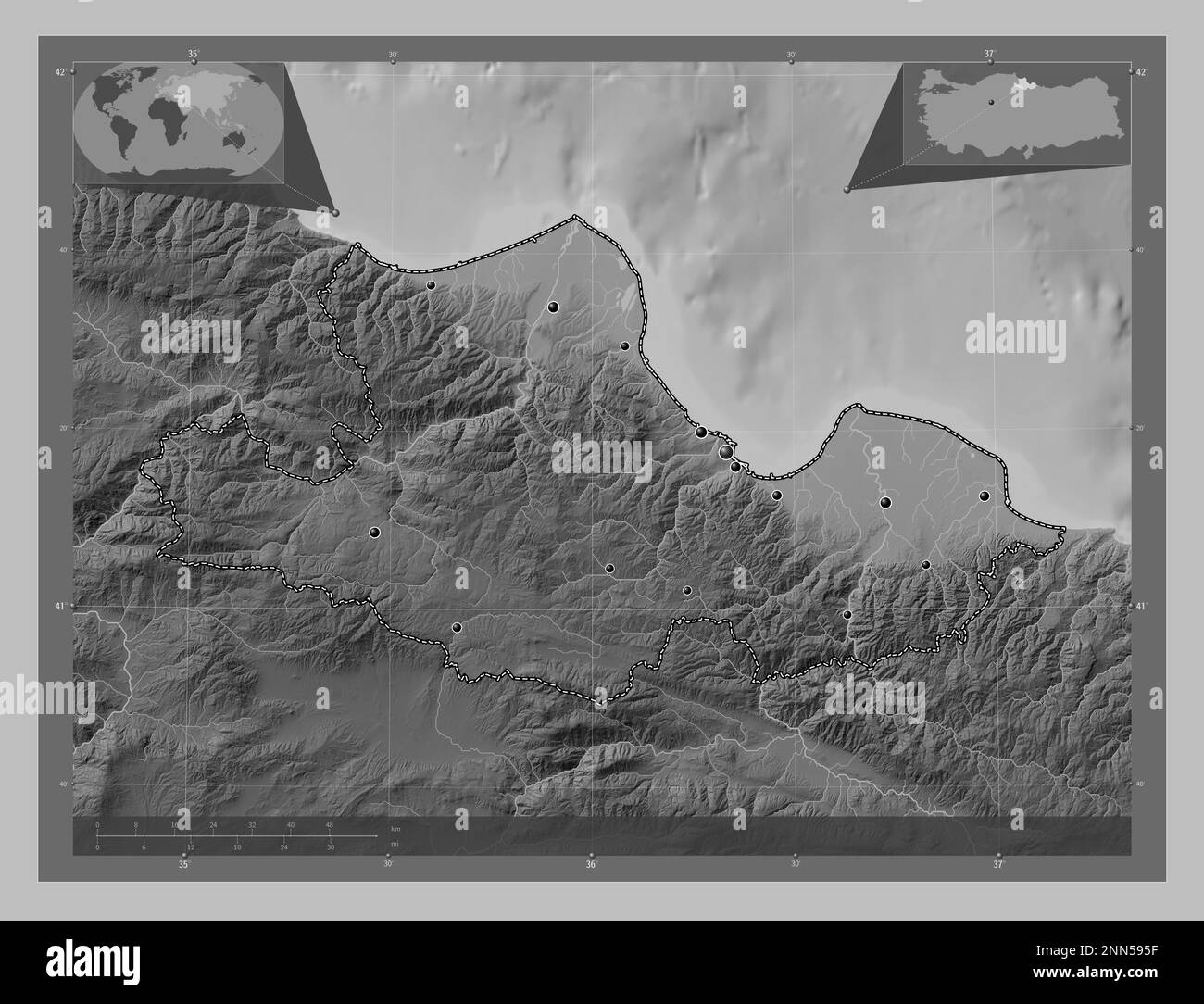 Samsun, province of Turkiye. Grayscale elevation map with lakes and ...