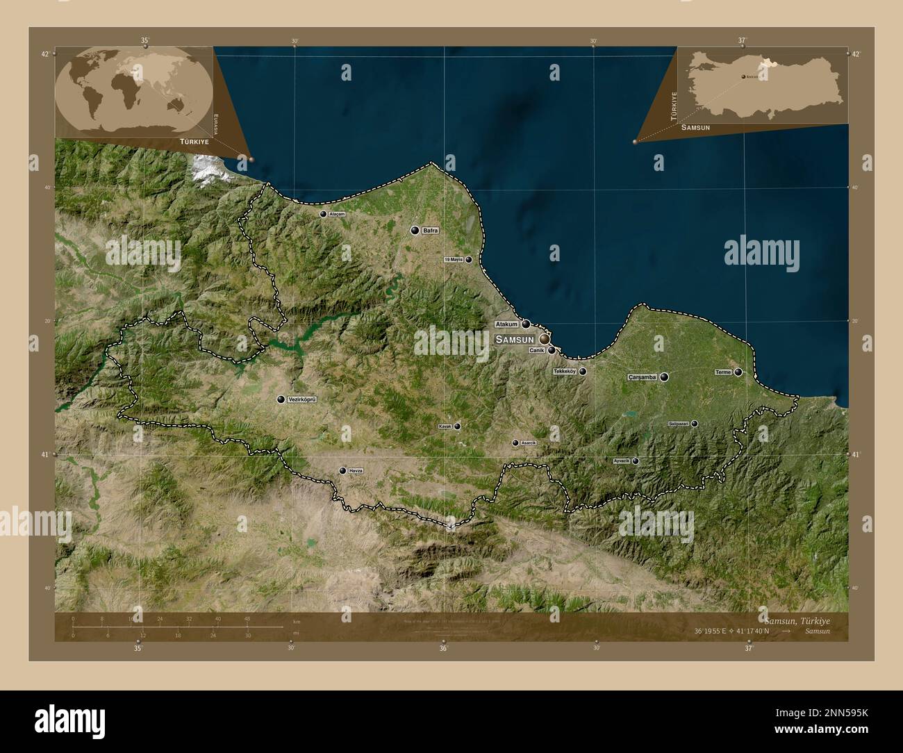 Samsun, province of Turkiye. Low resolution satellite map. Locations ...