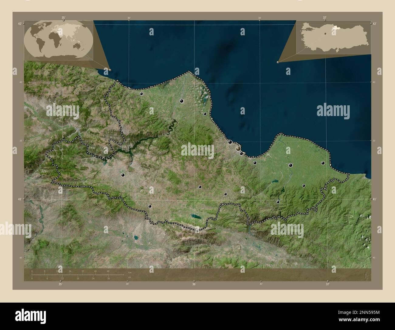 Samsun, province of Turkiye. High resolution satellite map. Locations ...