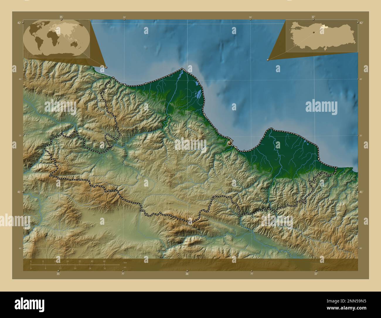 Samsun, province of Turkiye. Colored elevation map with lakes and ...
